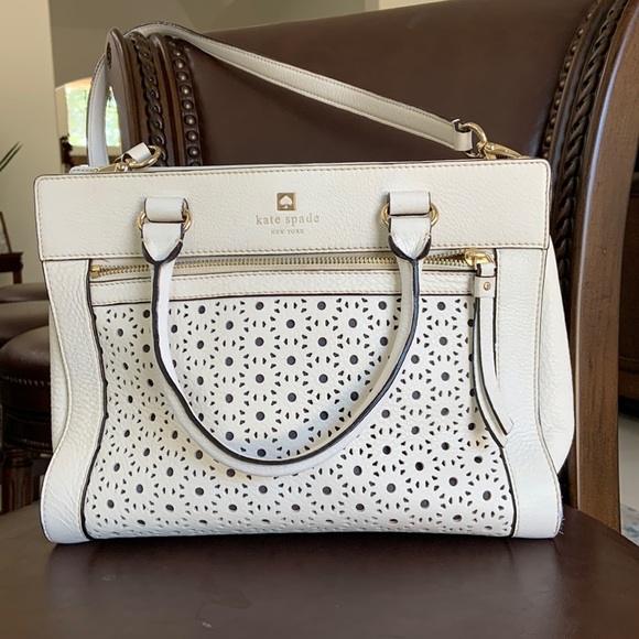 kate spade | Bags | Kate Spade White Perforated Medium Top Zip ...